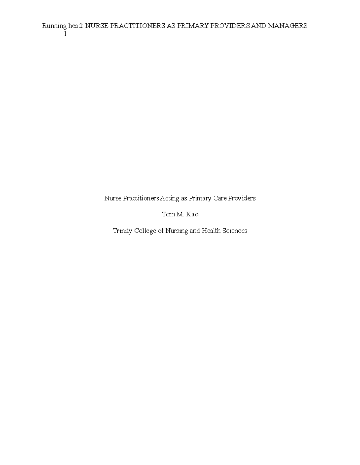 Senior Paper 2019 - Running head: NURSE PRACTITIONERS AS PRIMARY ...