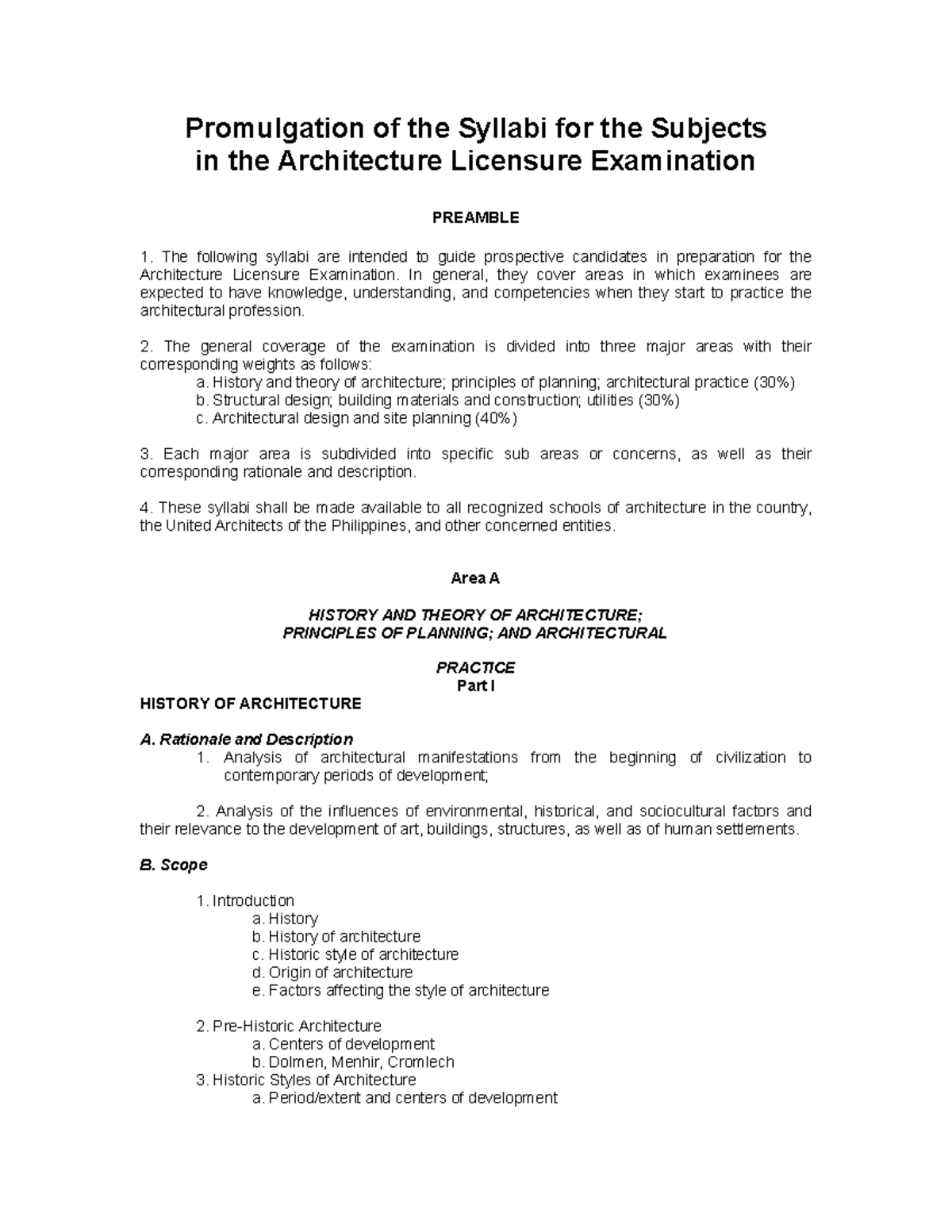 Board of Architecture - Syllabi 0-1 - Promulgation of the Syllabi for ...