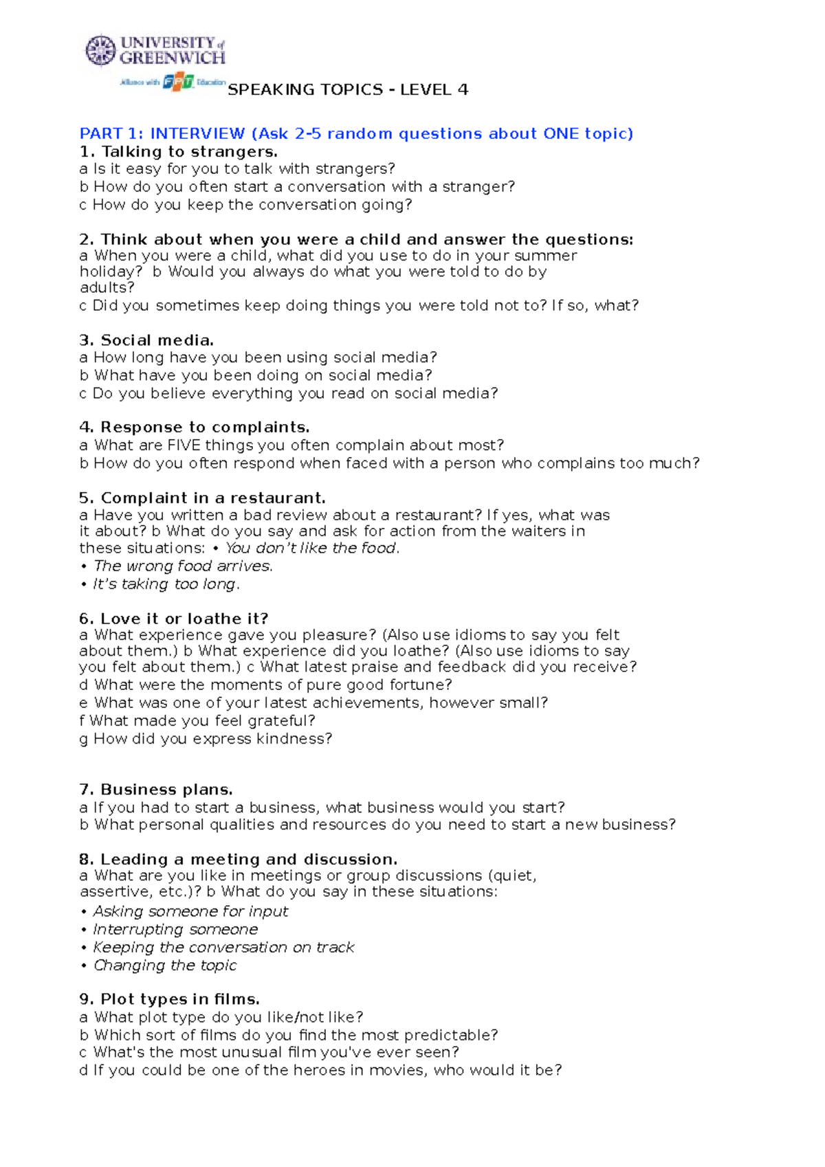 Speaking Topics Level 4 Spring 2022 Part 1 - SPEAKING TOPICS - LEVEL 4 ...