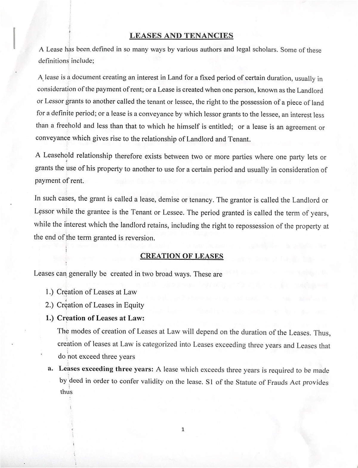 Lease And Tenancy - Land law - Governance and Administration of Public ...