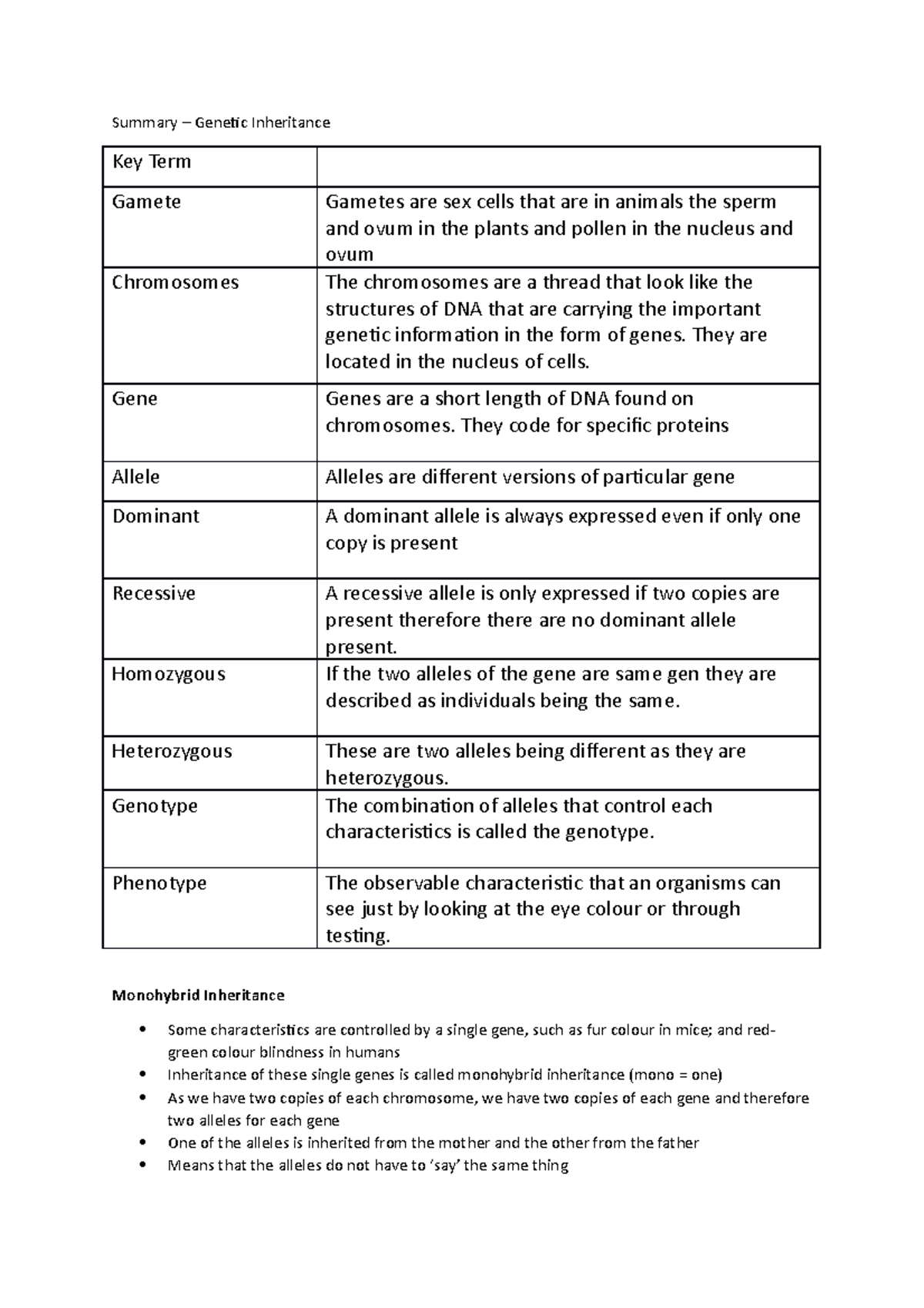 Summary Notes- Genetic Inheritance - Summary – Genetic Inheritance Key ...