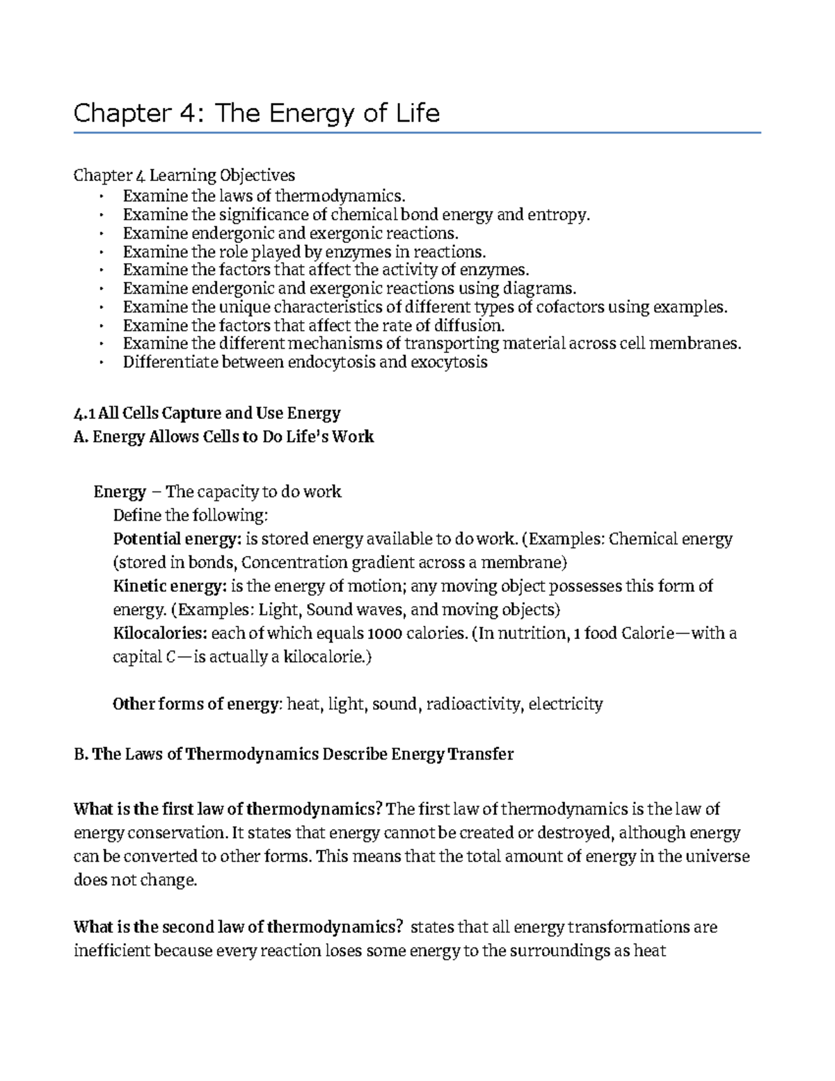 Biology-Chapter Four - Chapter 4: The Energy of Life Chapter 4 Learning Objectives - Examine the ...