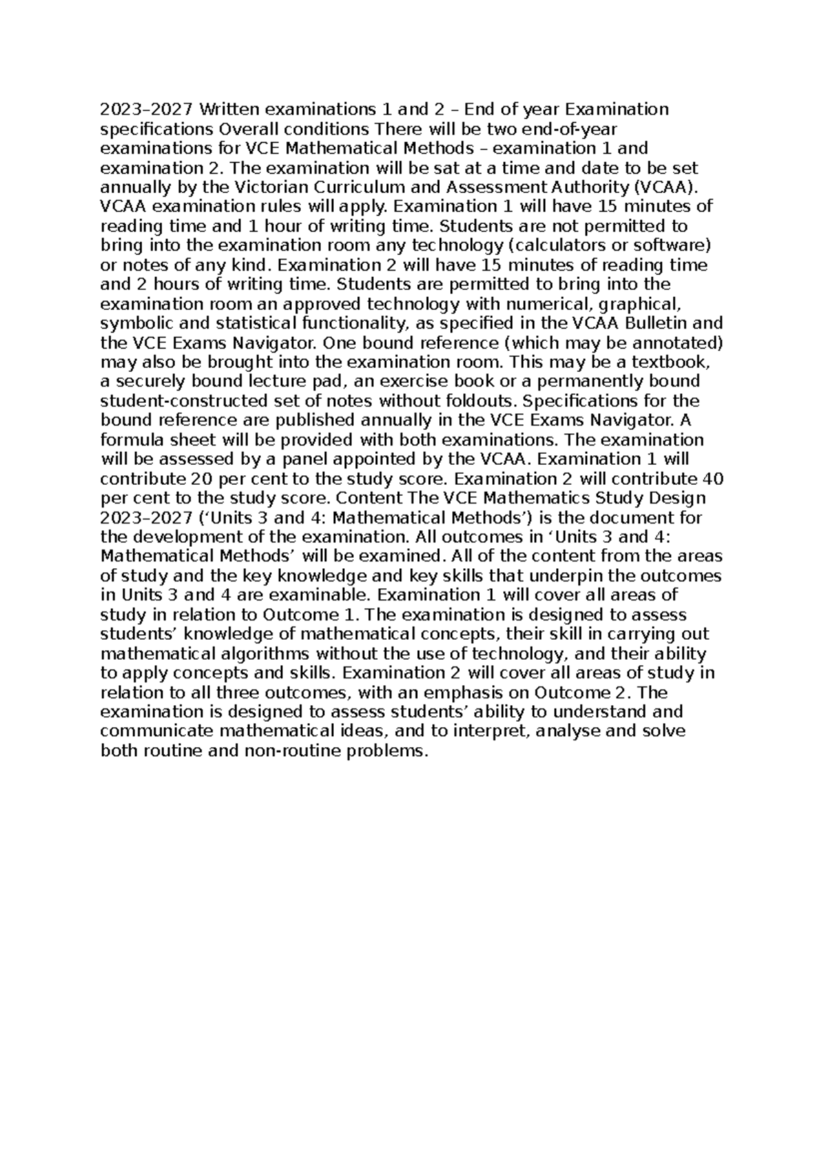 Maths Methods study - 2023–2027 Written examinations 1 and 2 – End of ...