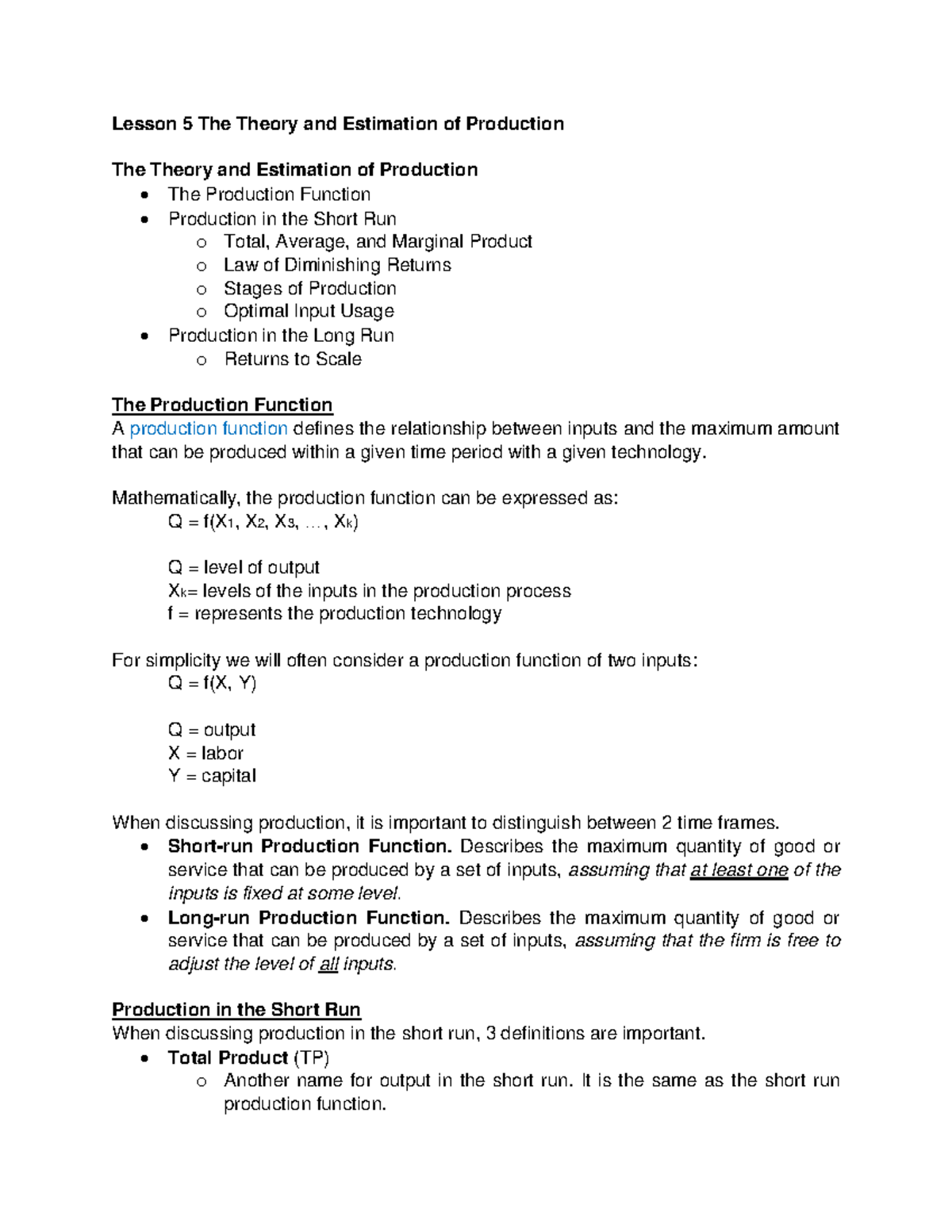 Lesson 5 The Theory and Estimation of Production - Lesson 5 The Theory ...