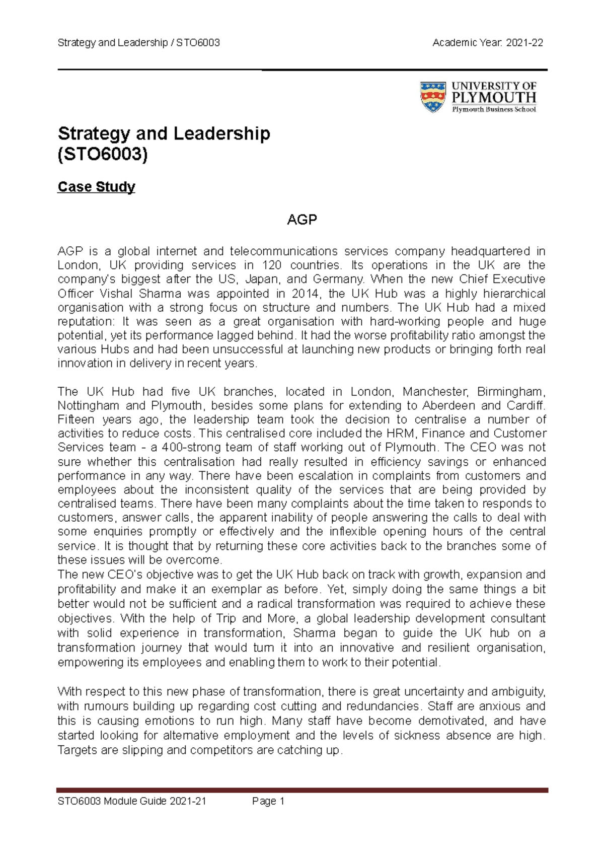 Case Study AGP DLE - Strategy and Leadership / STO6003 Academic Year ...
