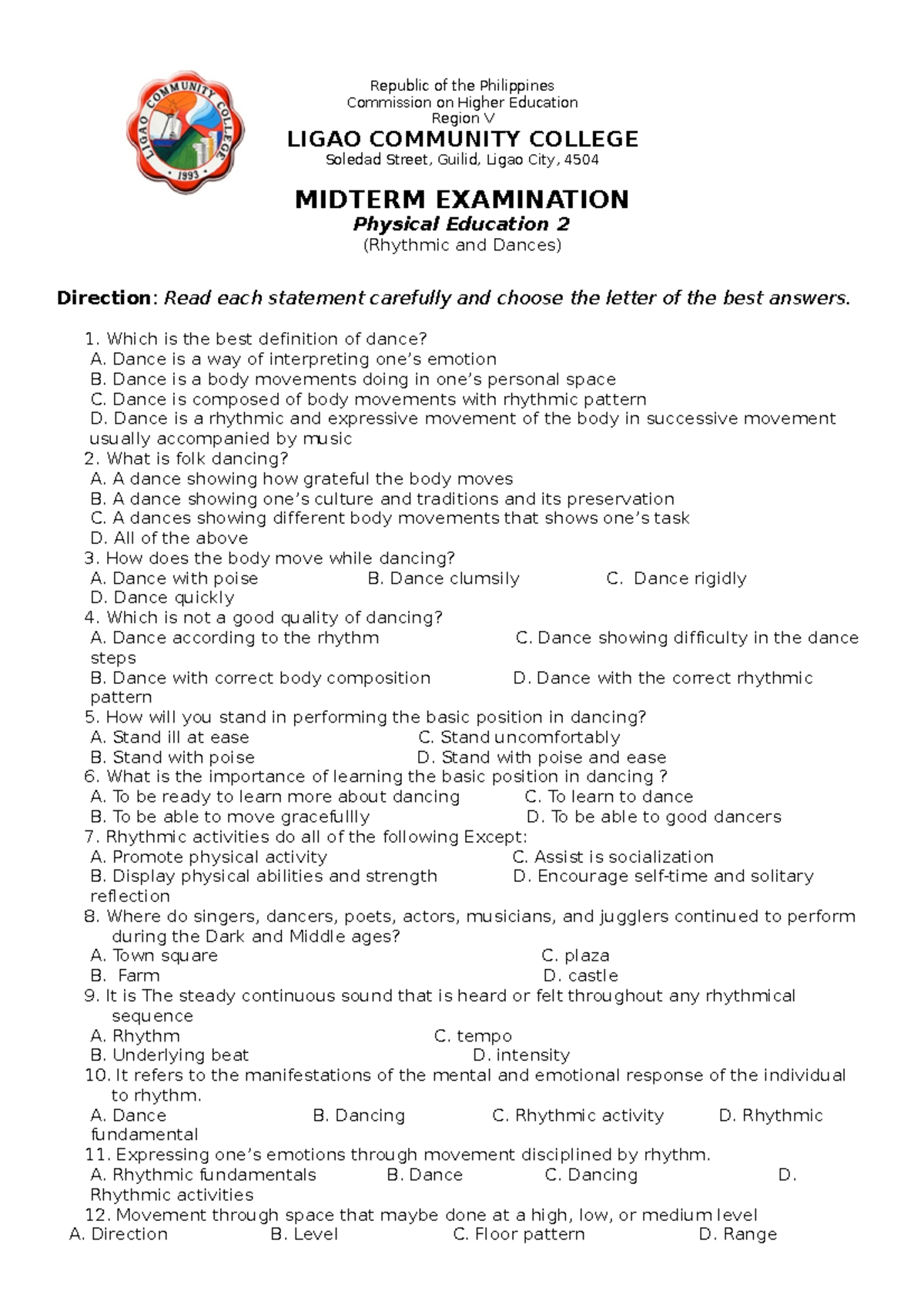 Midterm EXAM PE 2 - Republic of the Philippines Commission on Higher ...