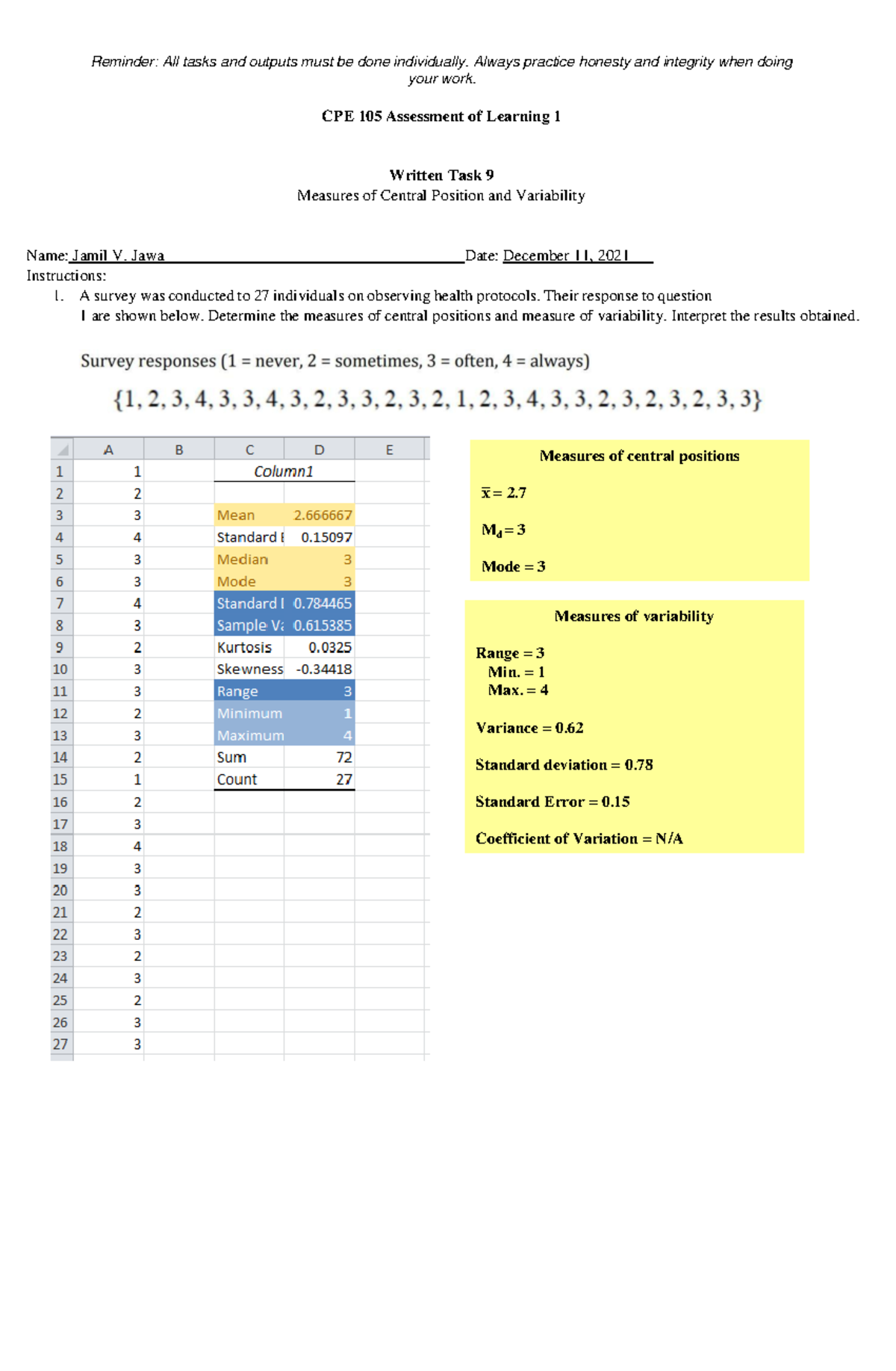 CPE 105 Written Task 9 - Reminder: All tasks and outputs must be done ...