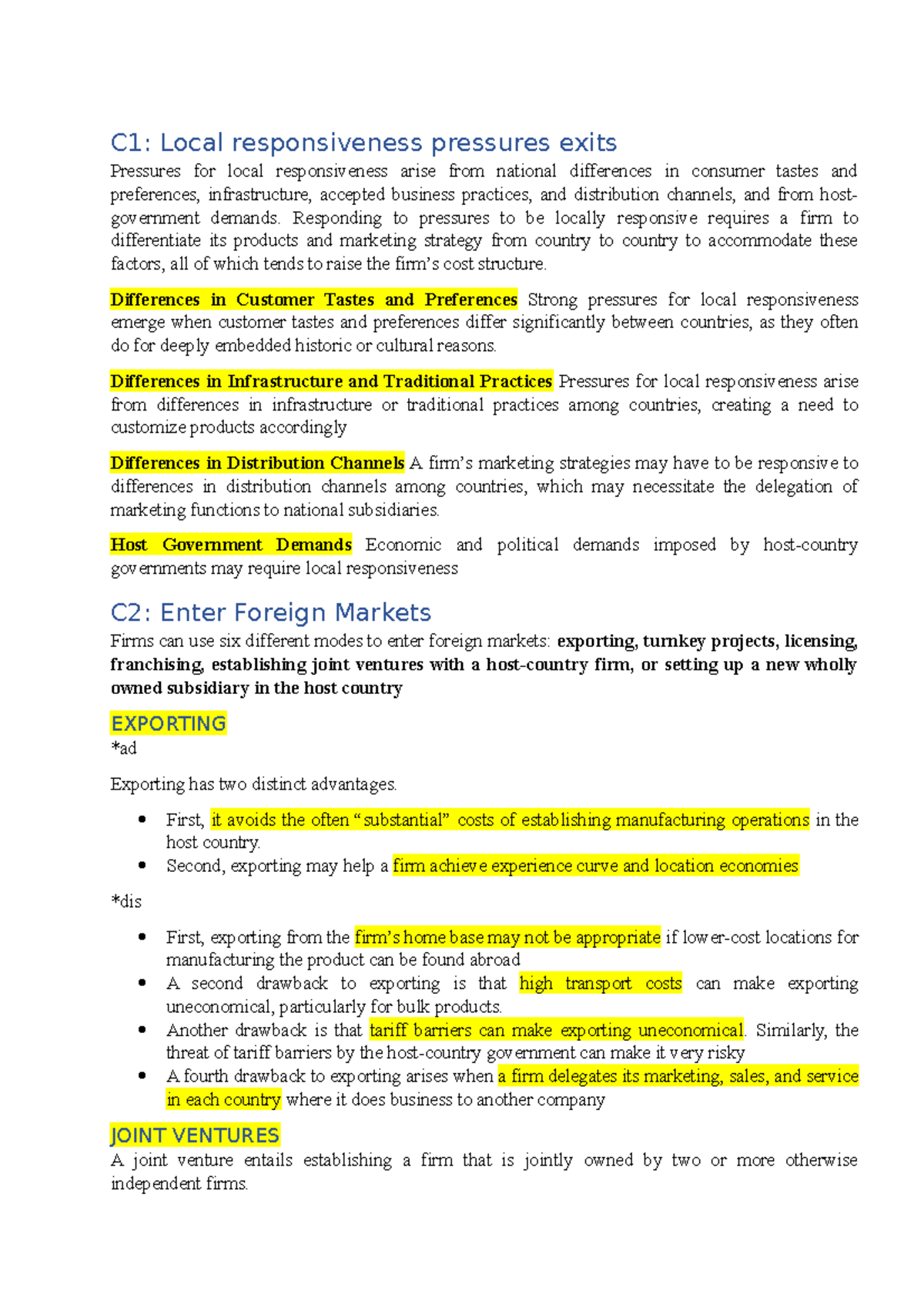 Dcuong - đề cương - C1: Local responsiveness pressures exits Pressures ...