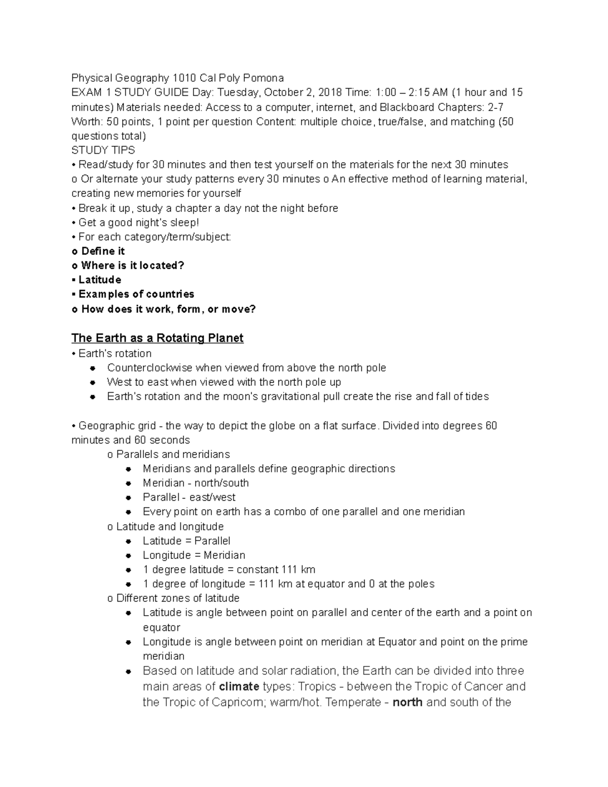 Exam 1 Study Guide - Physical Geography 1010 Cal Poly Pomona EXAM 1 ...