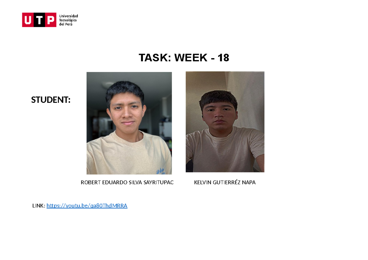 TASK 18 - gfgdfgfdgfdgdfg - ingles, tarea - Universidad Tecnológica del Perú TASK: WEEK - 18 ...