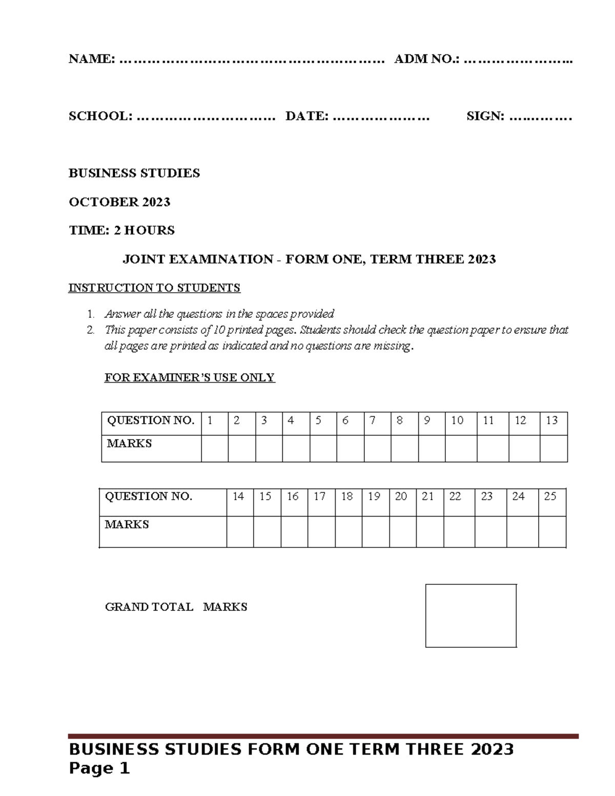 FORM-1-2023-END-T3- Business-QS Teacher - NAME: - Studocu