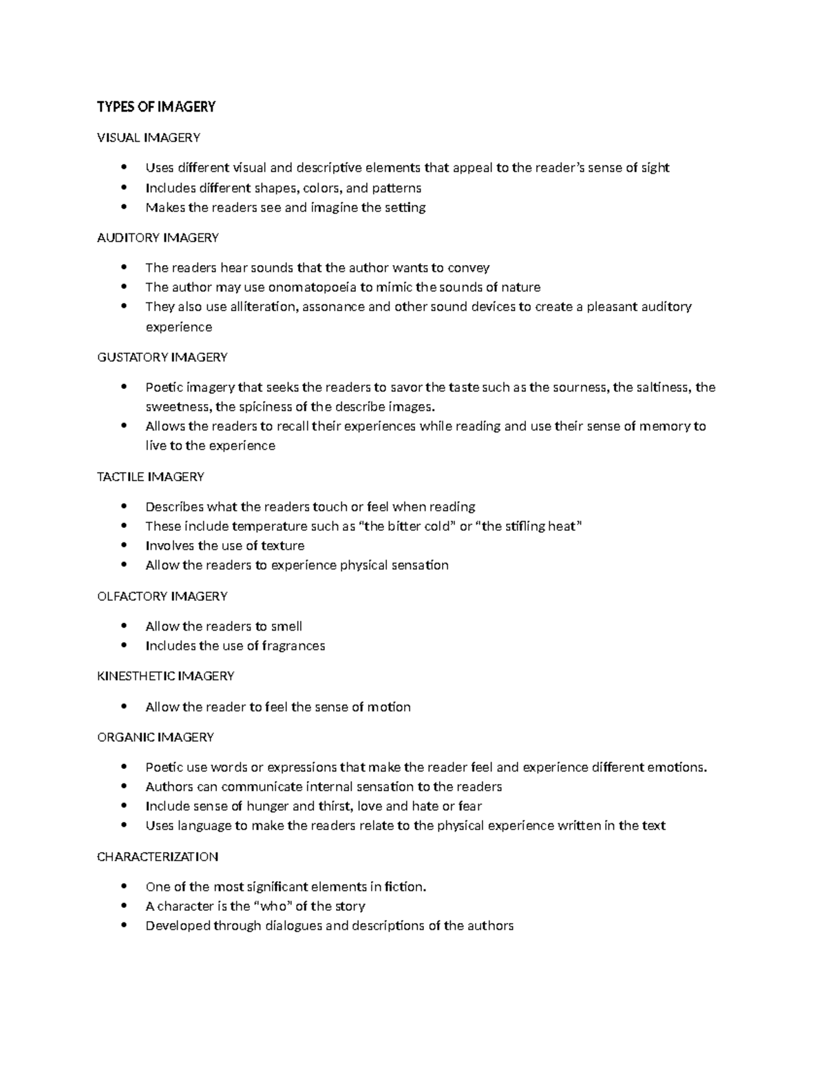 CHIL ADO LIT Reviewer - TYPES OF IMAGERY VISUAL IMAGERY Uses different ...