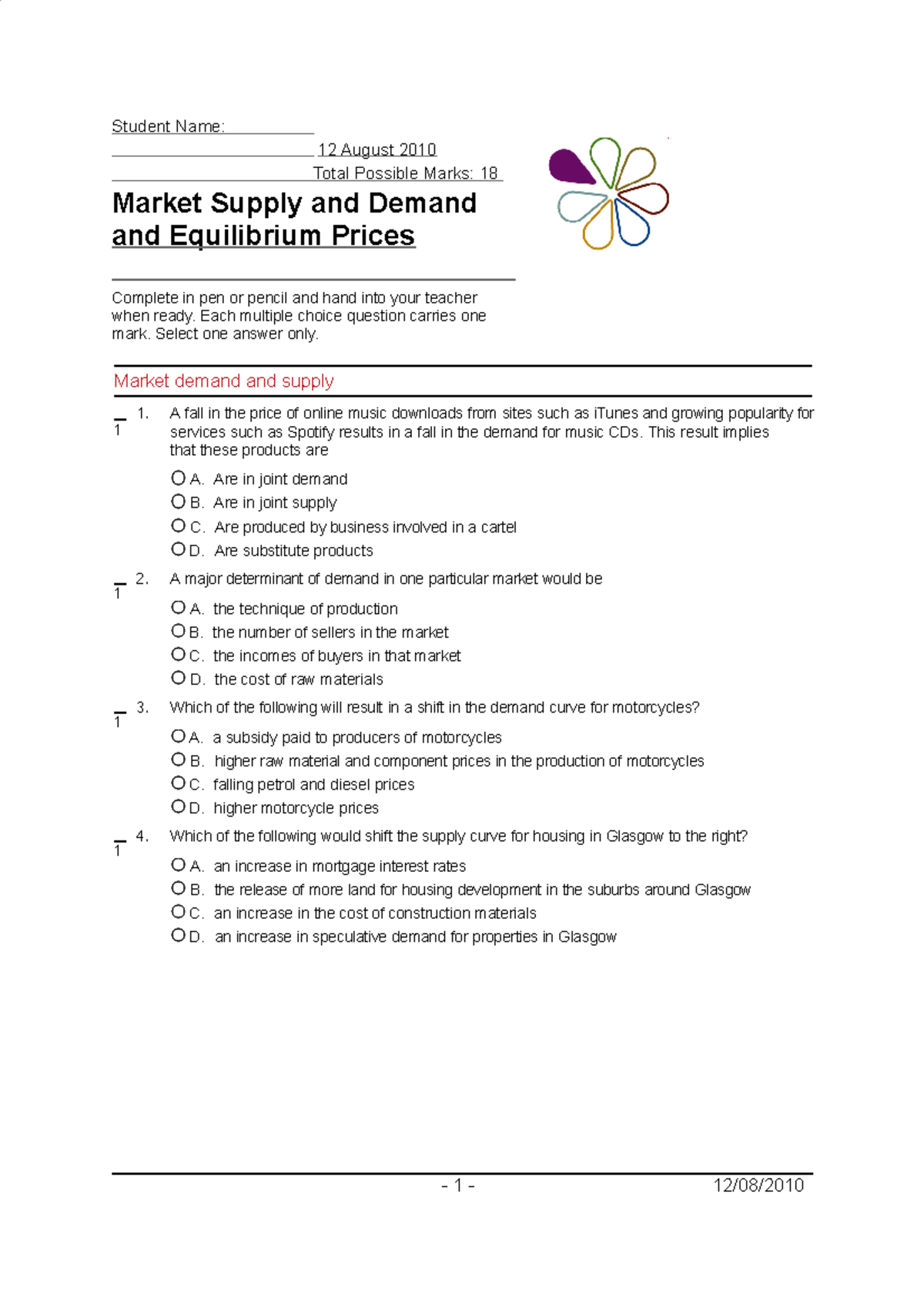Market Demand Supply Test Final - Student Name: 12 August 2010 Total ...