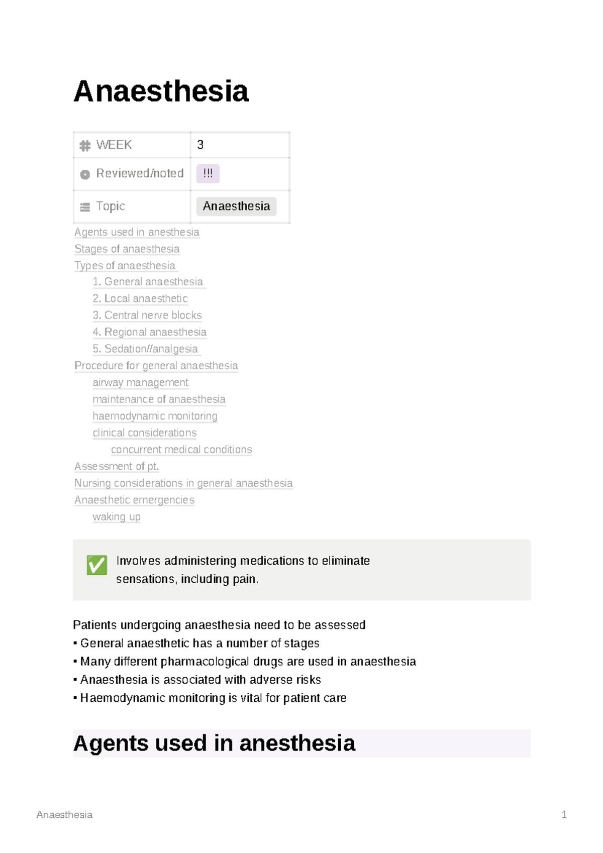 Anaesthesia - Anaesthesia WEEK 3 Reviewed/noted !!! Topic Anaesthesia ...