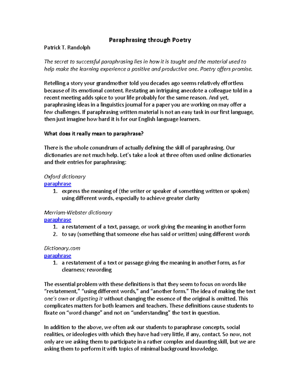 Paraphrasing through Poetry by Patrick T. Rudolph - Paraphrasing ...