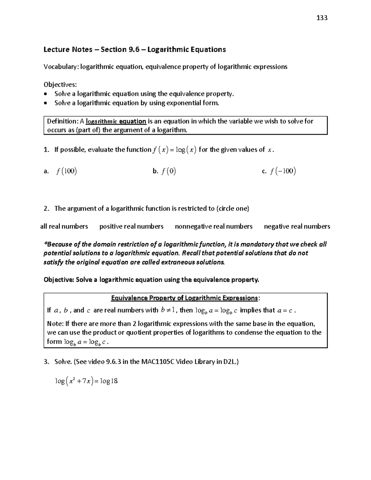 M1105C 9.6 LN Logarithmic Equations W PG NUMS - Lecture Notes – Section ...