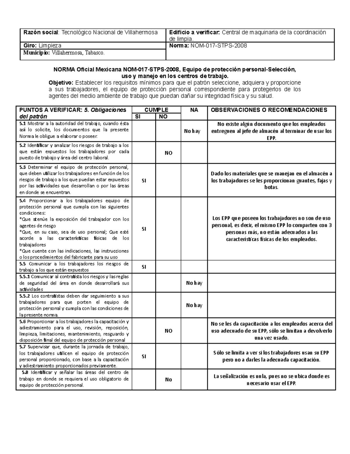 Formato Check List Nom 17 - Razón social: Tecnológico Nacional de ...