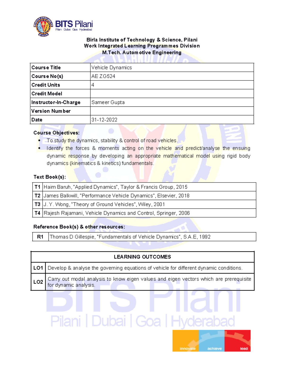 AE ZG524 Course Handout Vehicle Dynamics - Birla Institute of Technology & Science, Pilani Work ...