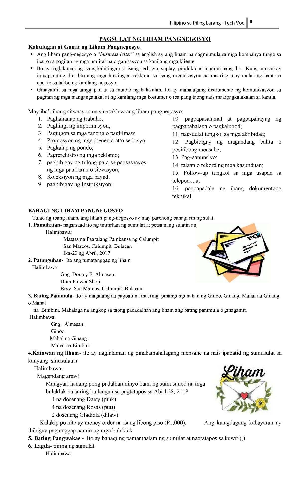 Liham Pangnegosyo - Filipino sa Piling Larang –Tech Voc II PAGSULAT NG ...