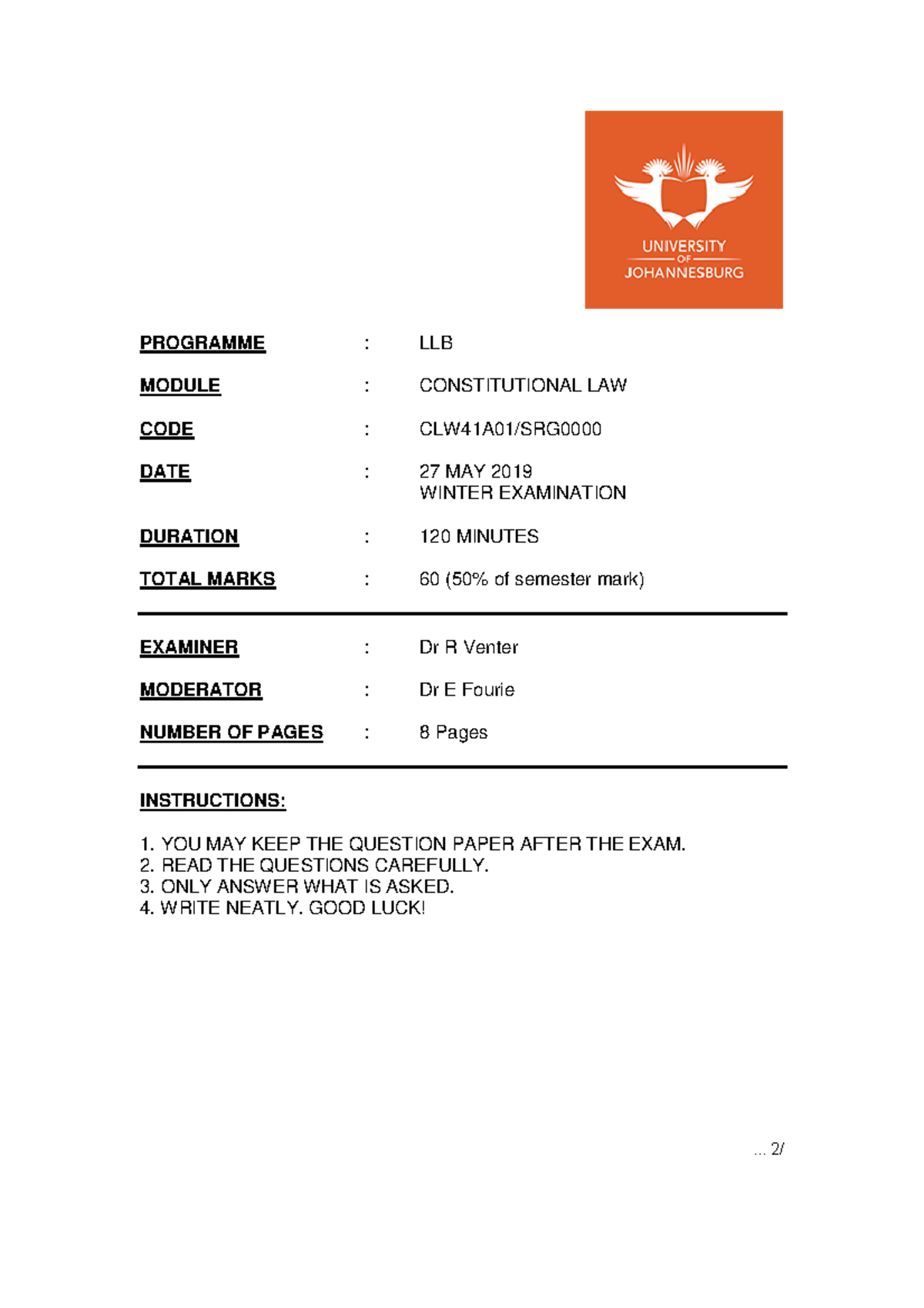 6541202 - PROGRAMME : LLB MODULE : CONSTITUTIONAL LAW CODE : CLW41A01 ...