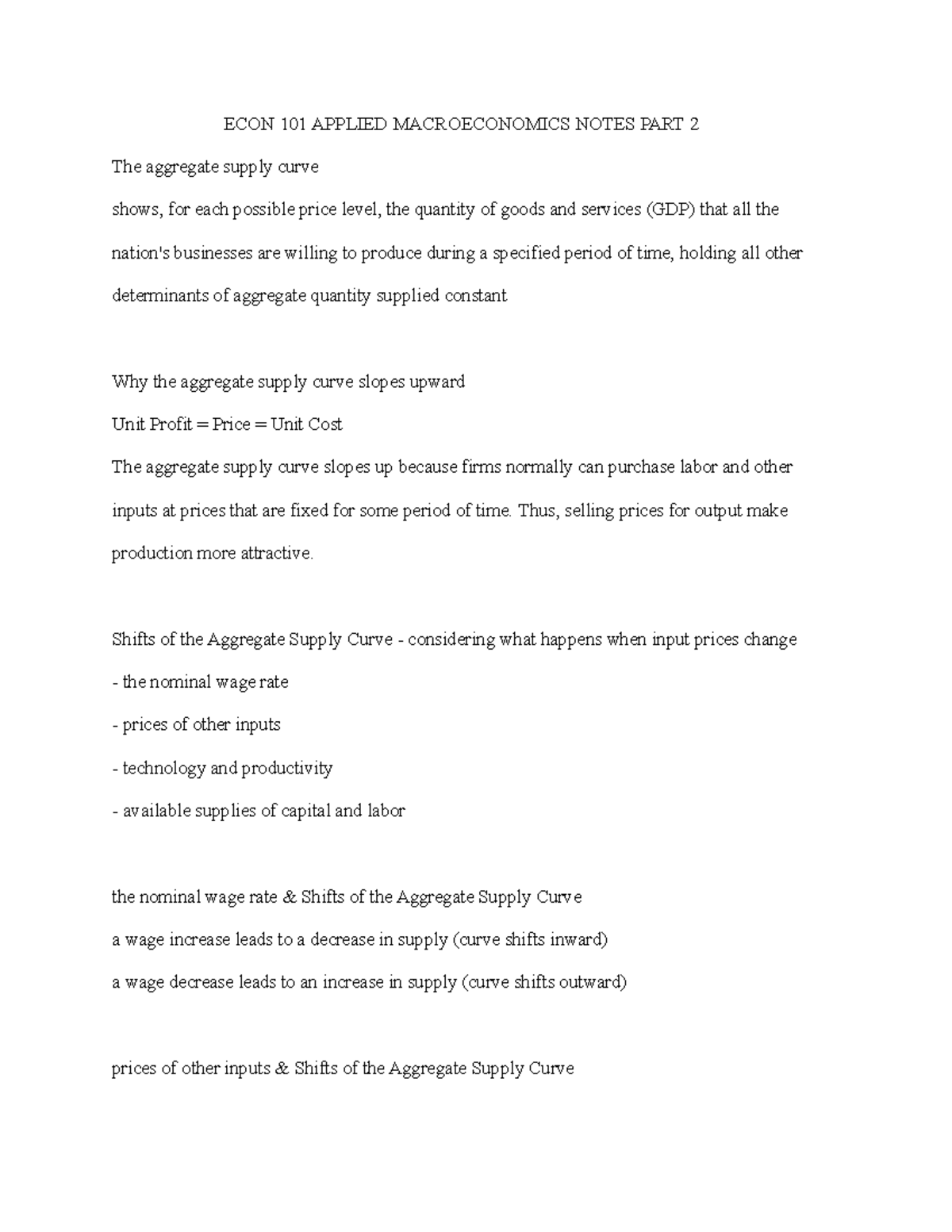 ECON 101 Applied Macroeconomics Notes PART 2 - ECON 101 APPLIED ...