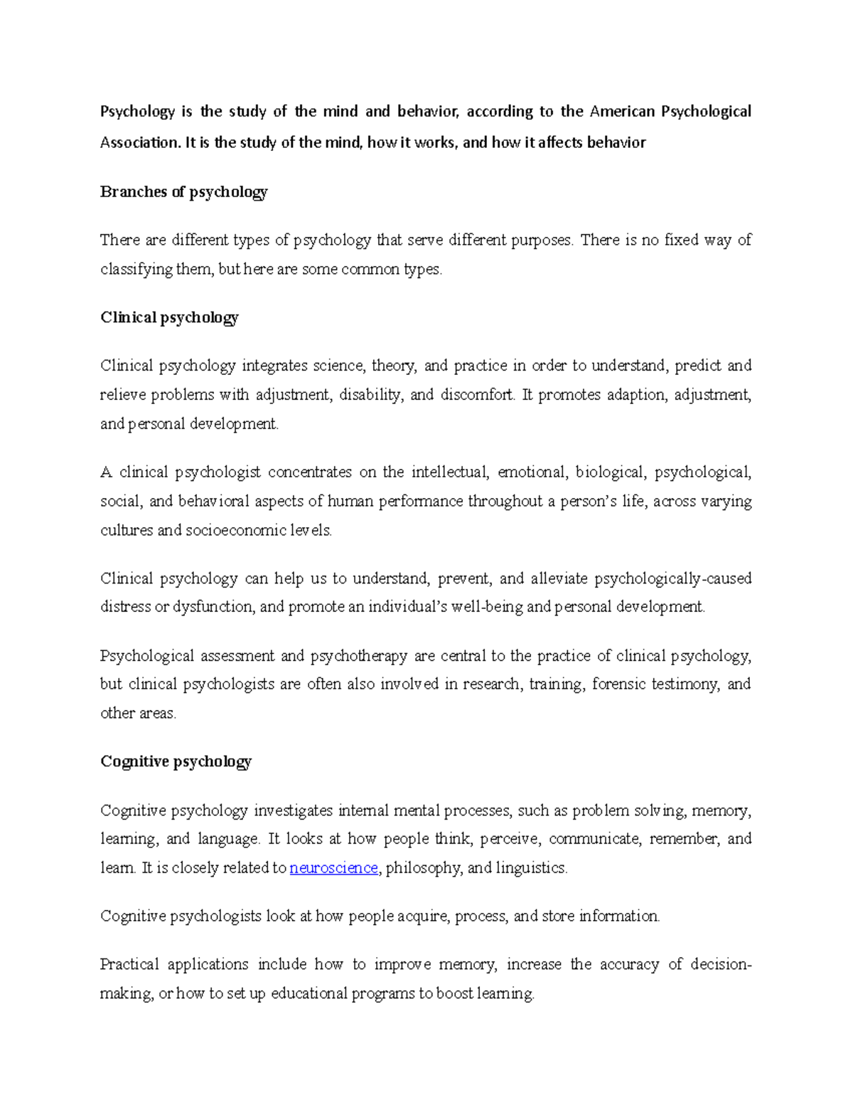 Introduction to psychology notes - Psychology is the study of the mind ...