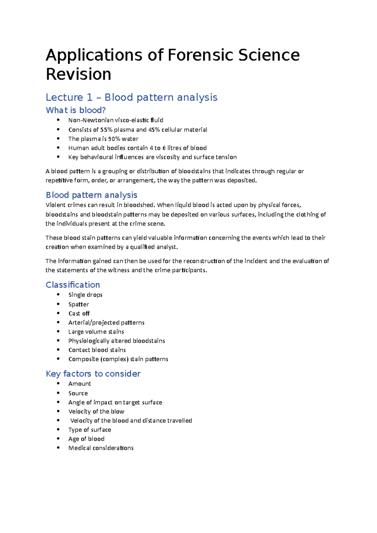 Blood pattern analysis revision - Applications of Forensic Science ...
