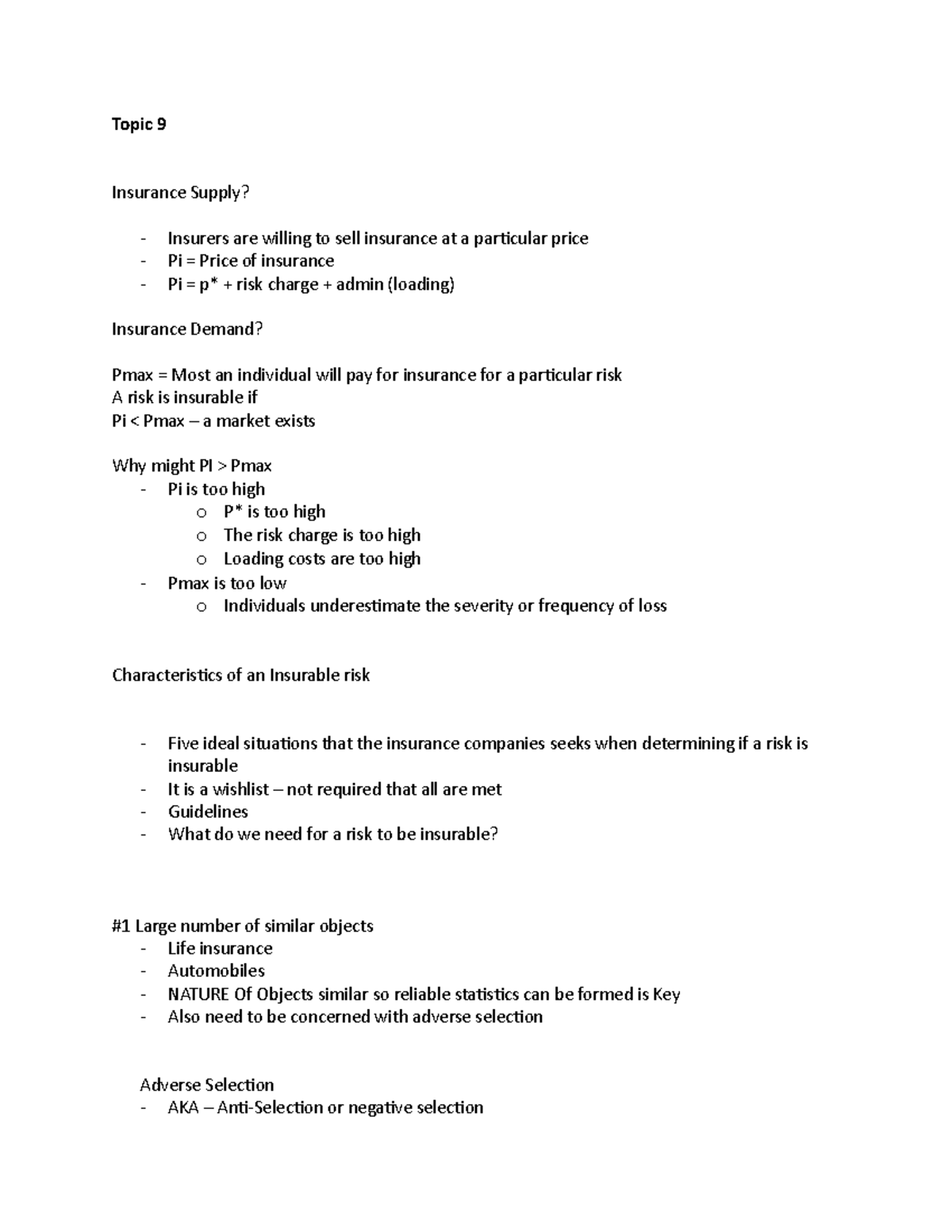 Topic 9 - Notes from slides - Topic 9 Insurance Supply? Insurers are ...