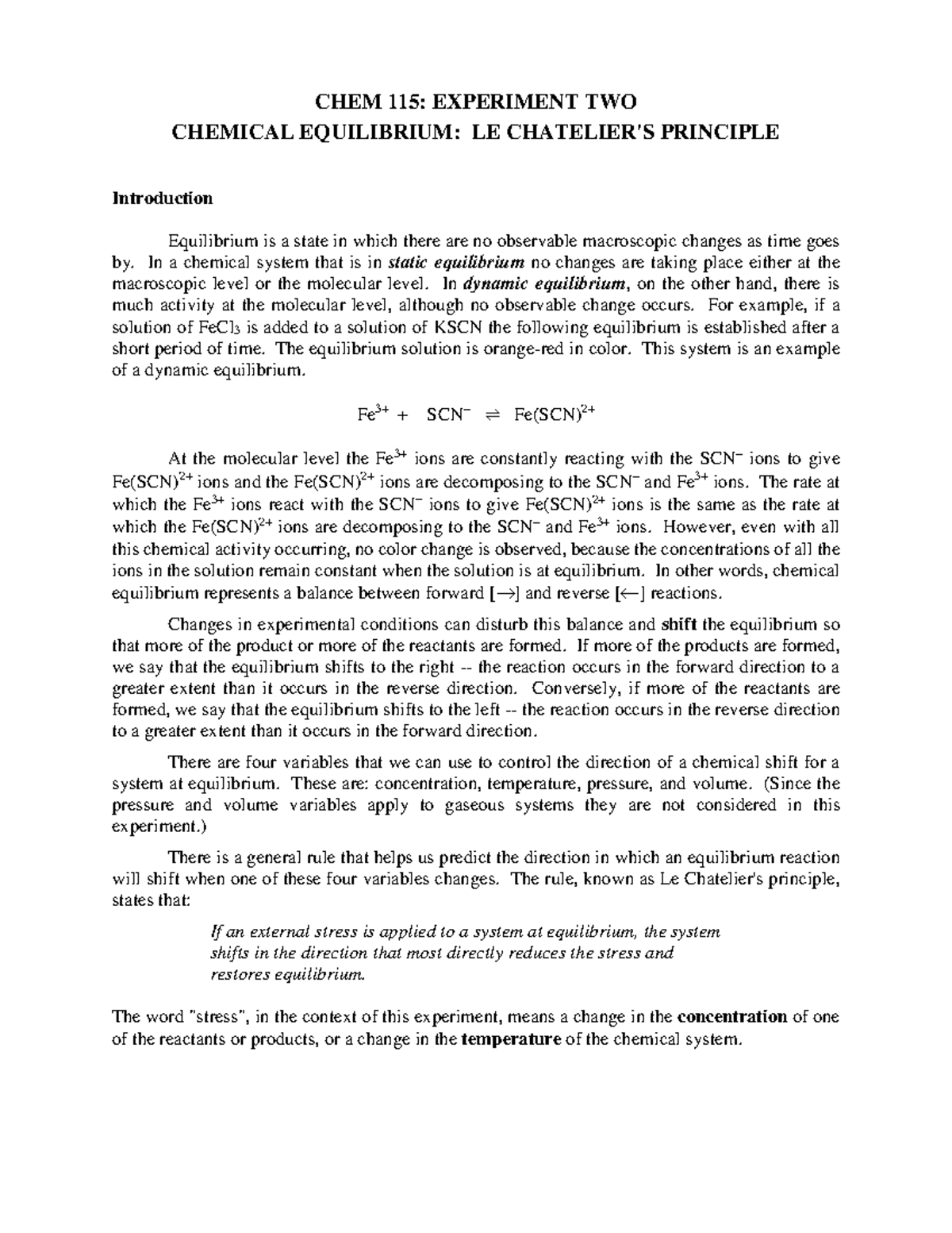 Lab 2 - Chemical Equilibrium (Instructions) - CHEM 115: EXPERIMENT TWO ...