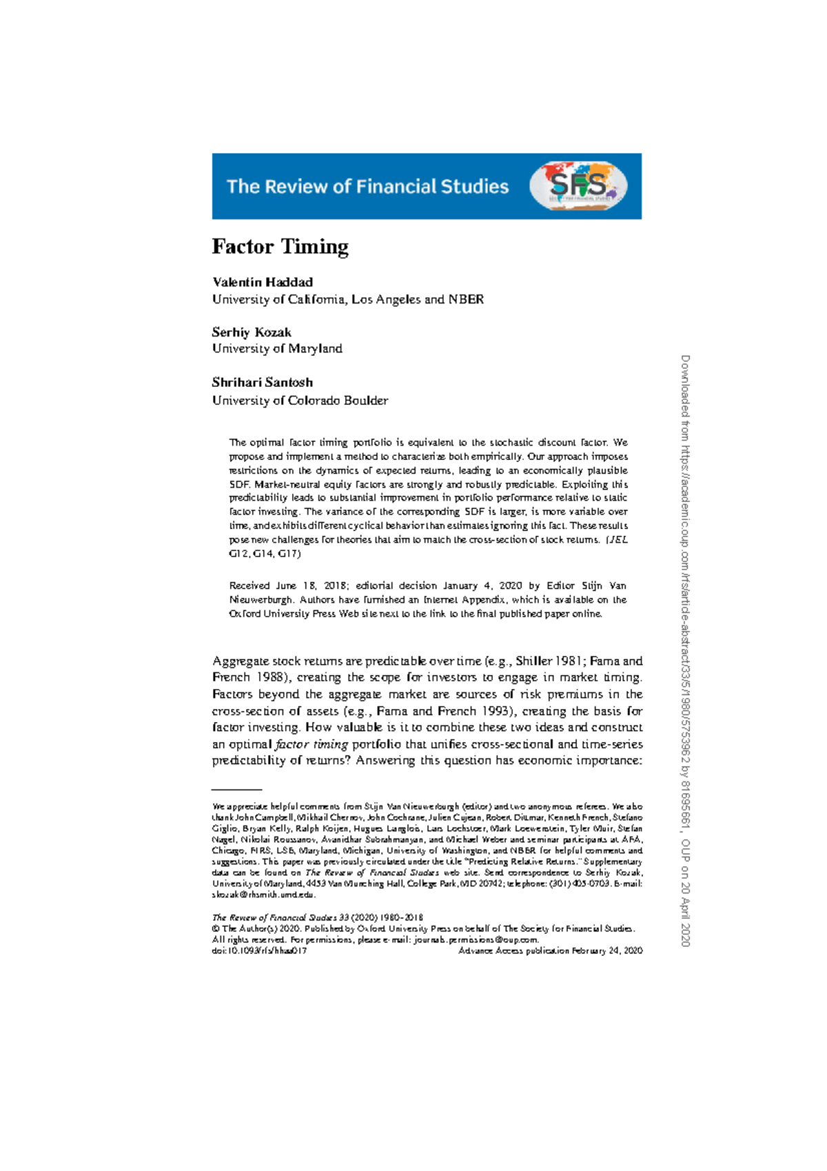 Factor Timing - RFS - papers and notes - Factor Timing Valentin Haddad ...