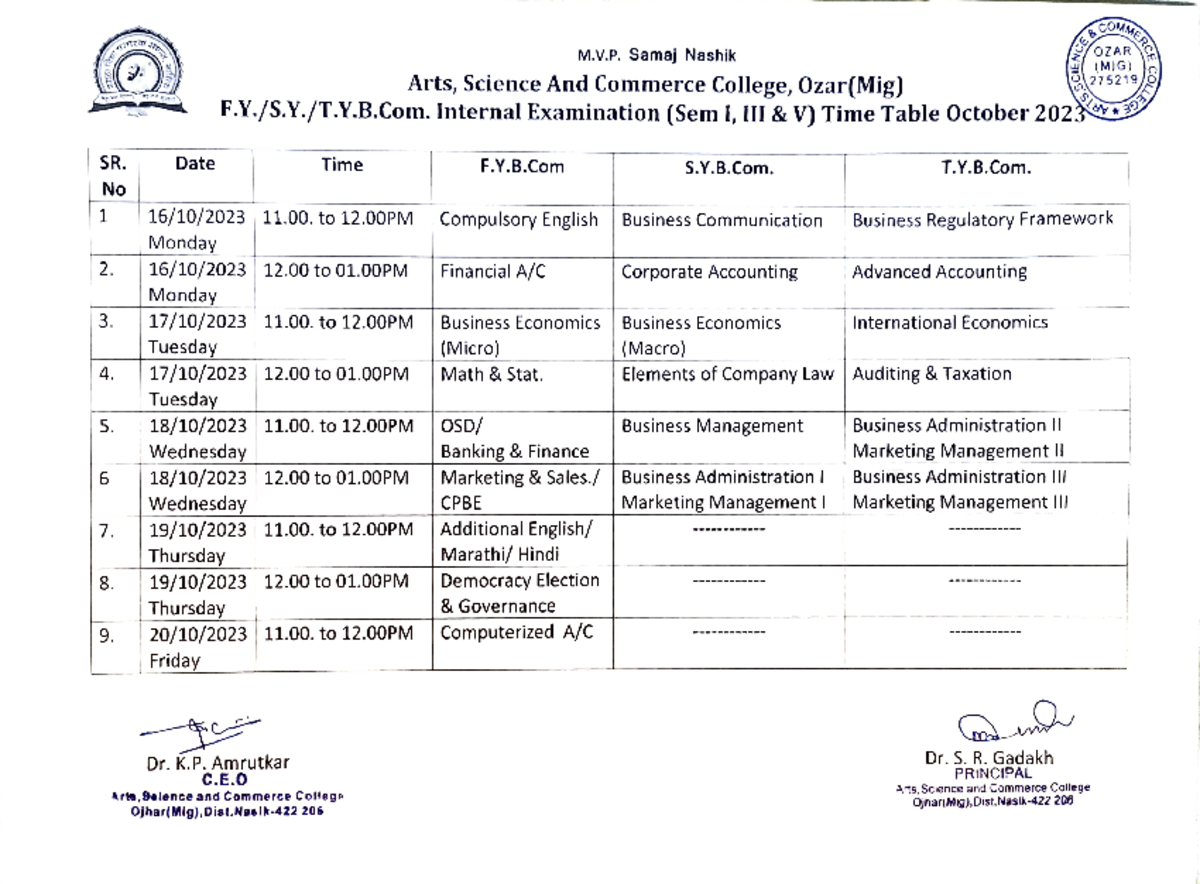 B Com internal timetable - SR. No 1 2 3. 4 5 6 7. 8. 9 Date 16/10/2023 ...