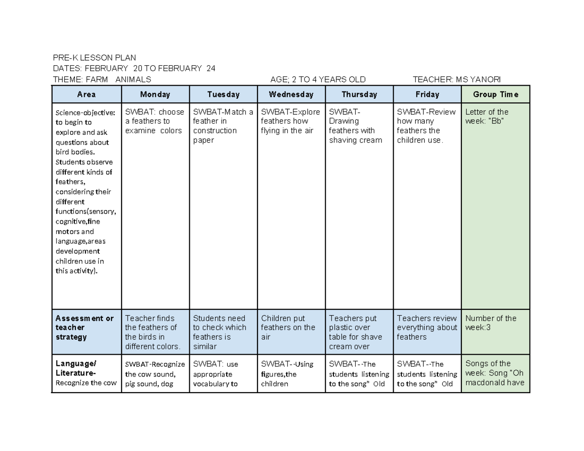 Lesson PLAN Semanal - Información - PRE-K LESSON PLAN DATES: FEBRUARY ...
