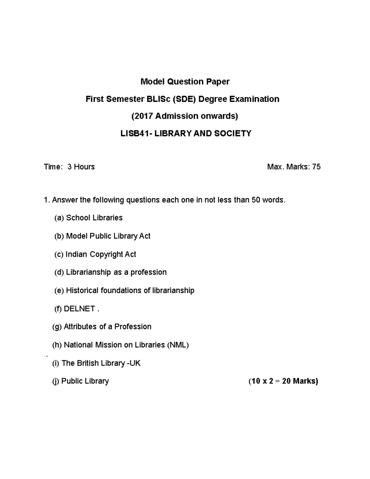 Model Question BLISc - Lectures notes - ####### Model Question Paper ...
