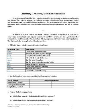 Lab 2 - Prelab questions - APA 2314 Lab 2 – Introduction to Motion Analysis using VICON & xsens ...
