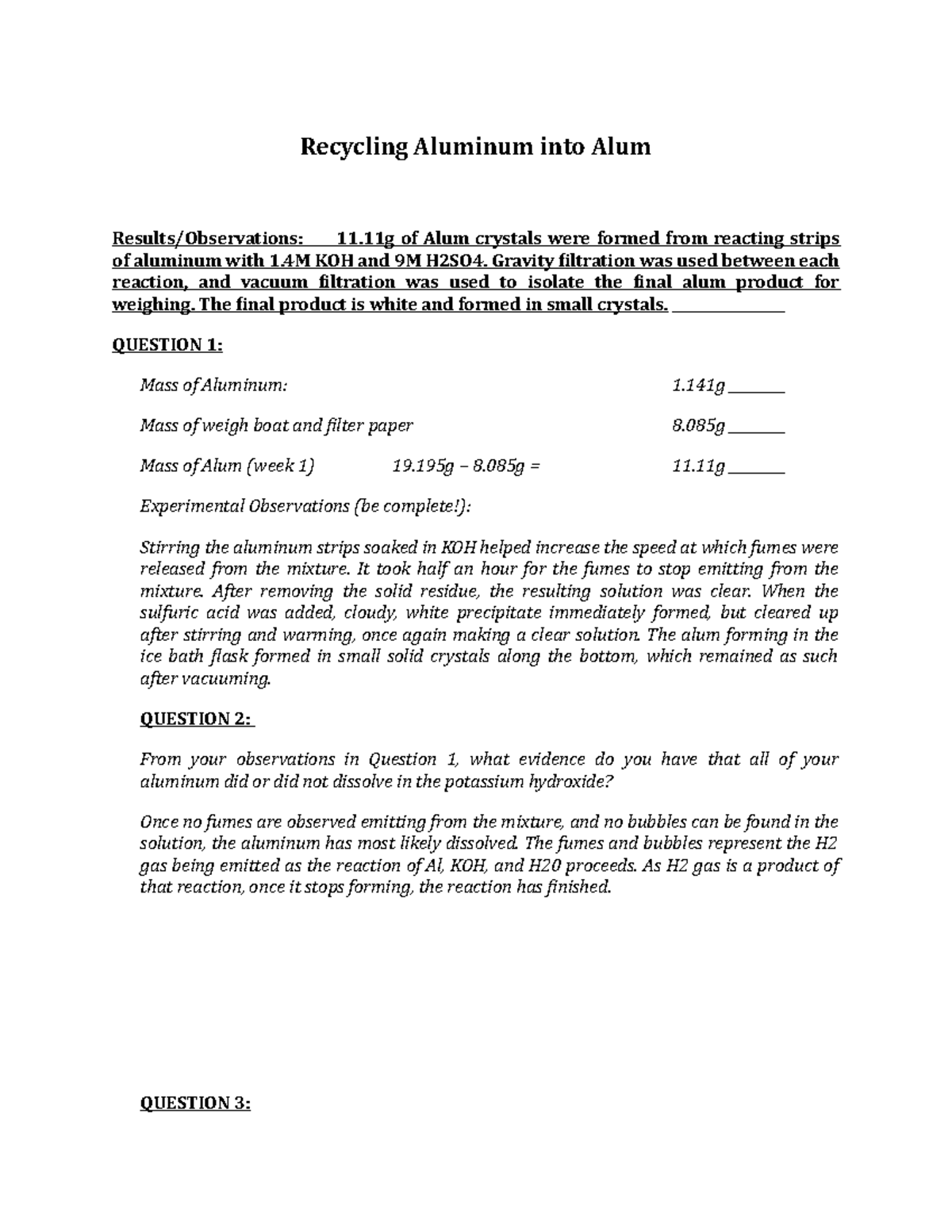 Recycling Al Lab P1 - Recycling Aluminum into Alum Results/Observations ...