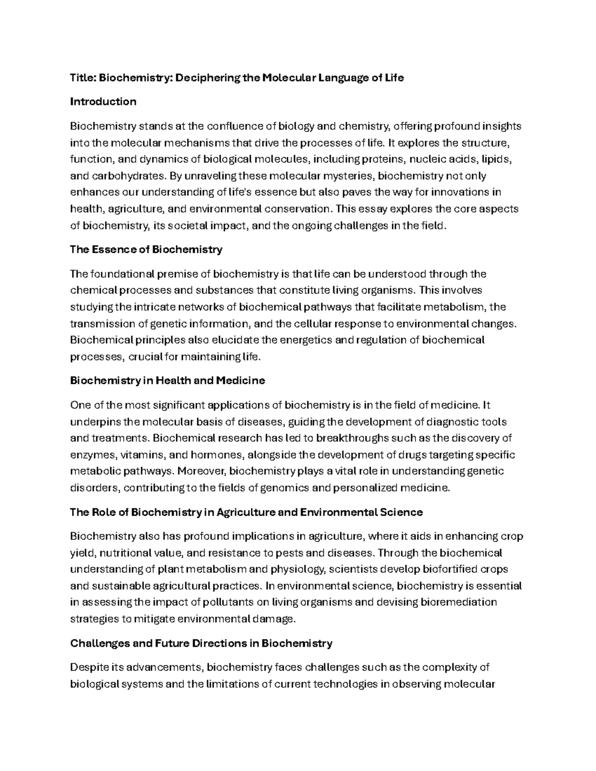 Biochem Essay - Title: Biochemistry: Deciphering the Molecular Language ...