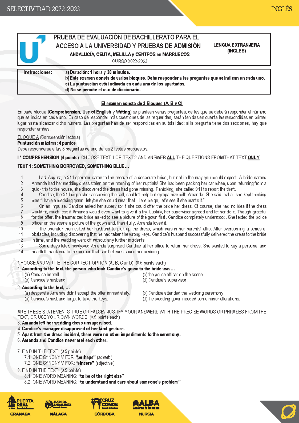 Ingles-2023 - Denada - SELECTIVIDAD 2022-2023 INGLÉS PRUEBA DE ...