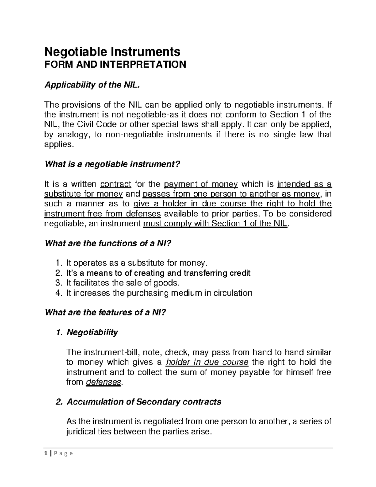 Reading material- Negotiable Instruments Law - Negotiable Instruments ...