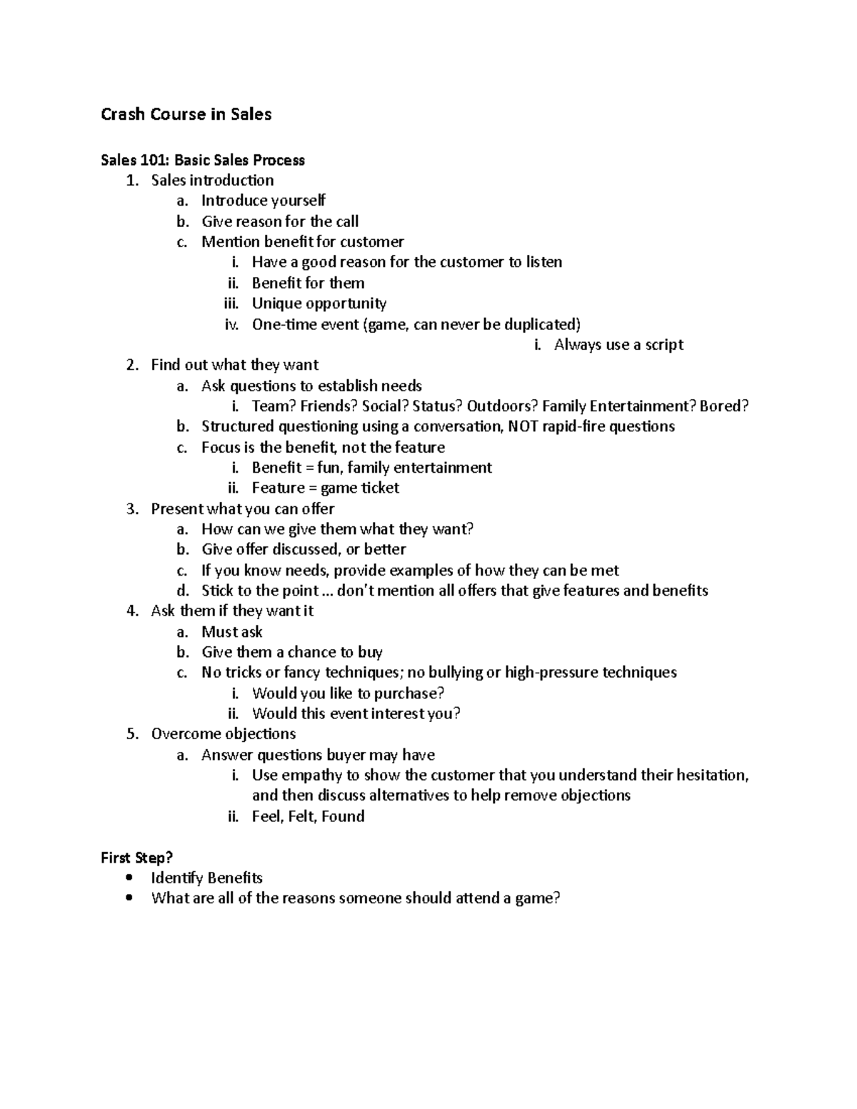 Crash Course in Sales - Lecture notes 1 - Crash Course in Sales Sales ...