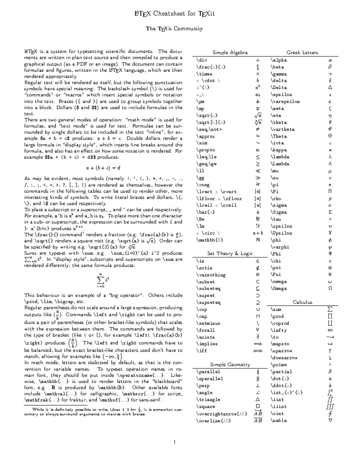 Texit cheatsheet (latex) - LATEX Cheatsheet for TEXit The TEXit ...