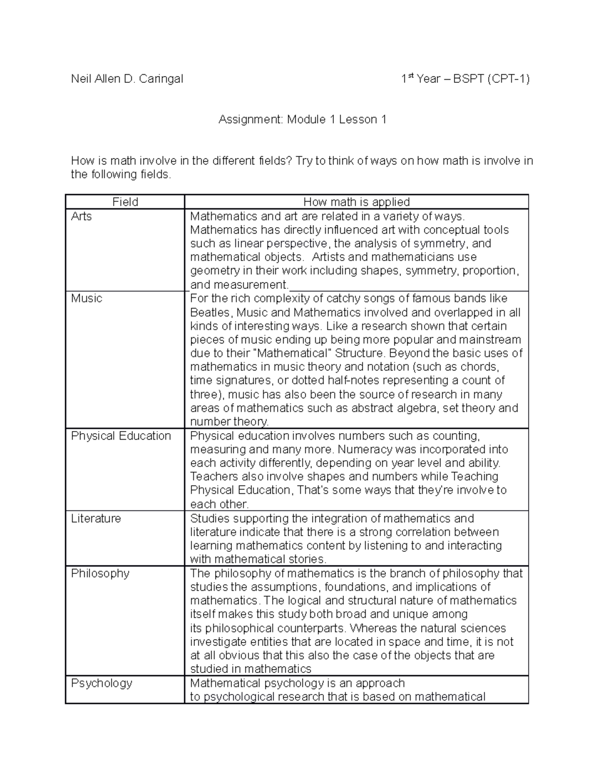 Assignment-Module-1-Lesson-1 (Caringal,Neil Allen) - Neil Allen D. Caringal 1 st Year – BSPT ...