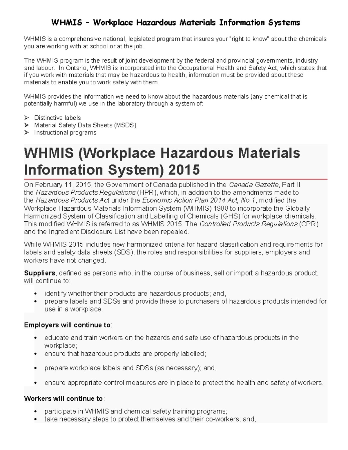 Notesunit 1new2019 student - WHMIS – Workplace Hazardous Materials ...