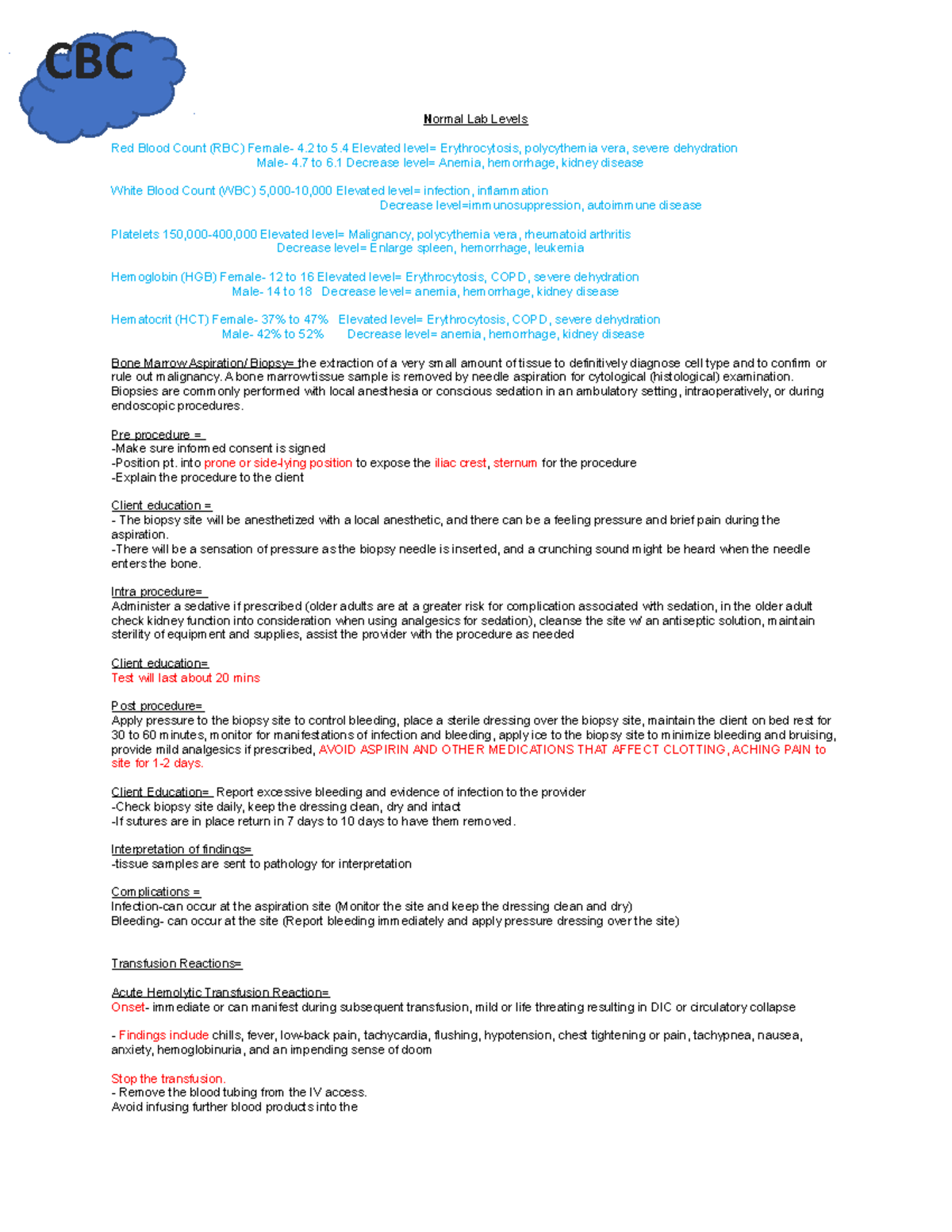 Study guide 4 - NOTES - N ormal Lab Levels Red Blood Count (RBC) Female ...