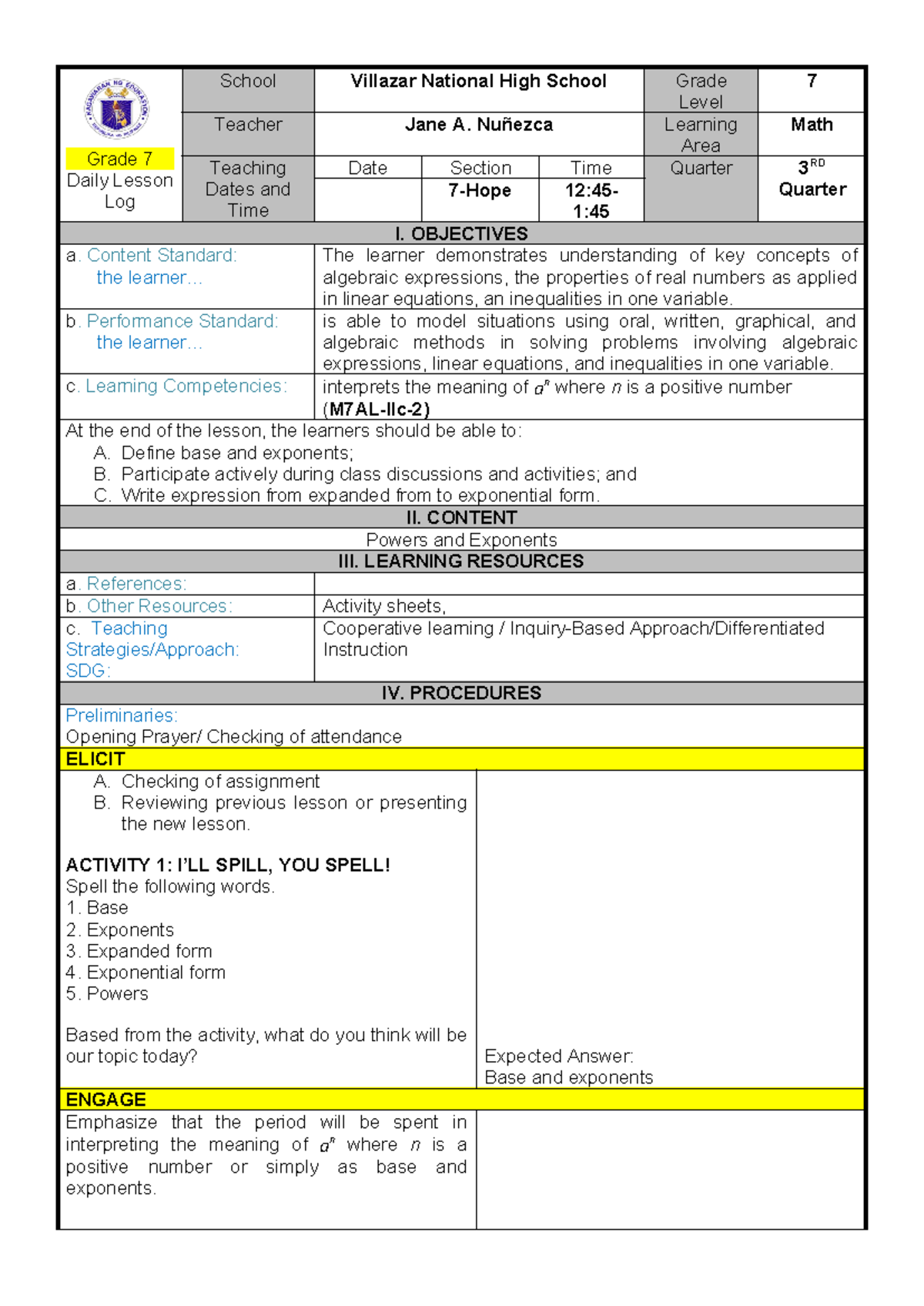 DLP - Powers and exponents - Grade 7 Daily Lesson Log School Villazar ...