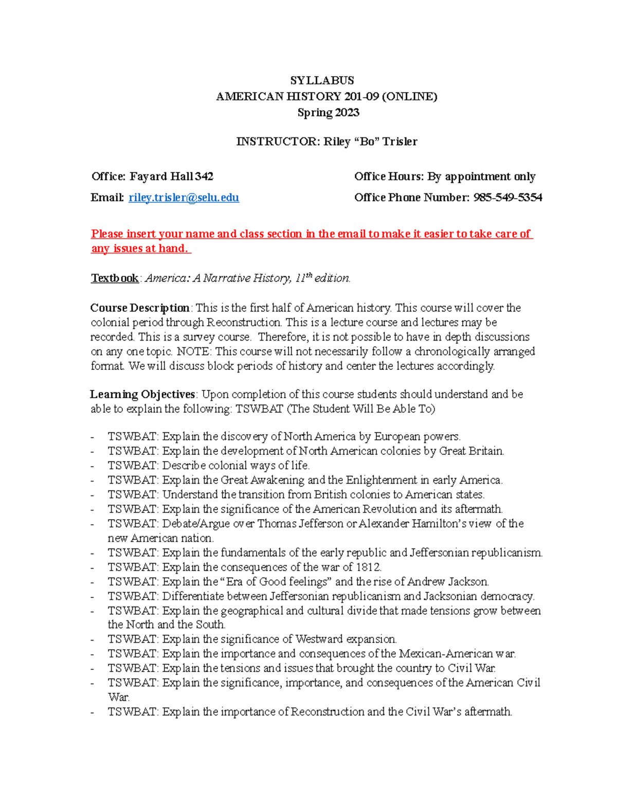Spring 2023 Online Syllabus (Full Term) - SYLLABUS AMERICAN HISTORY 201 ...