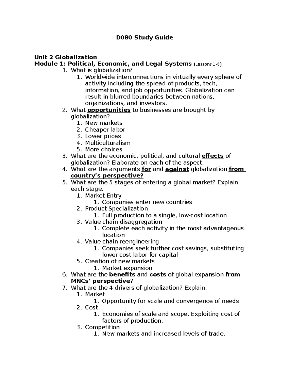 D080 Study Guide - D080 Study Guide Unit 2 Globalization Module 1 ...
