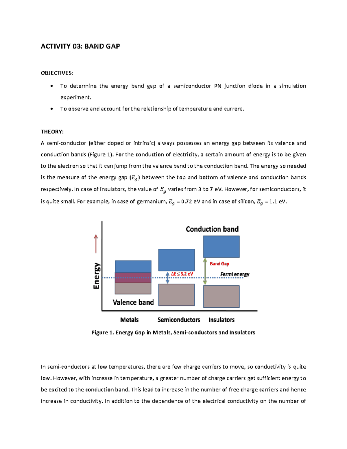 ACT03 Band Gap - Band Gap - ACTIVITY 03: BAND GAP OBJECTIVES: To determine the energy band gap ...
