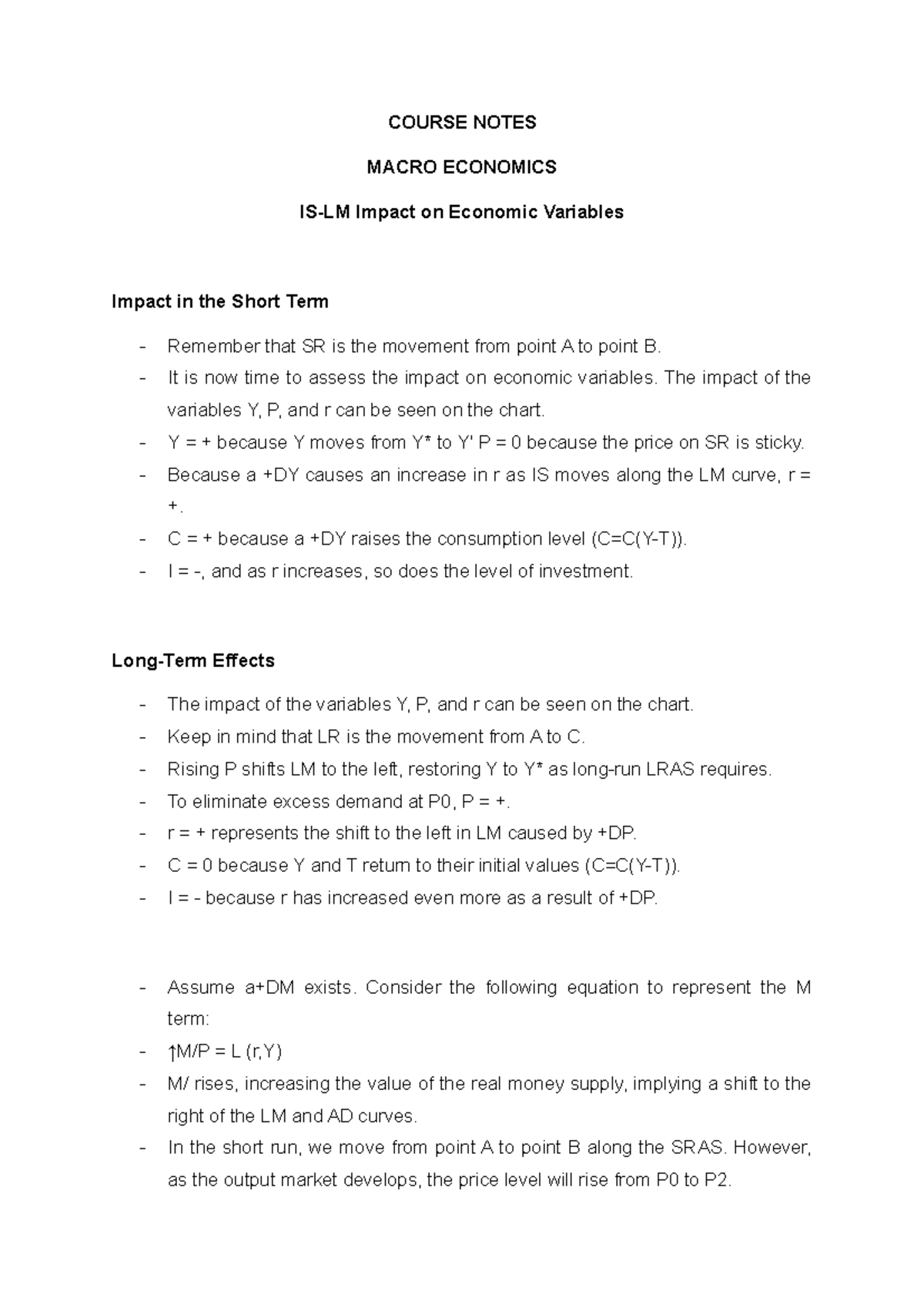 Course Notes Macroeconomics IS-LM Impact on Economic Variables - COURSE ...