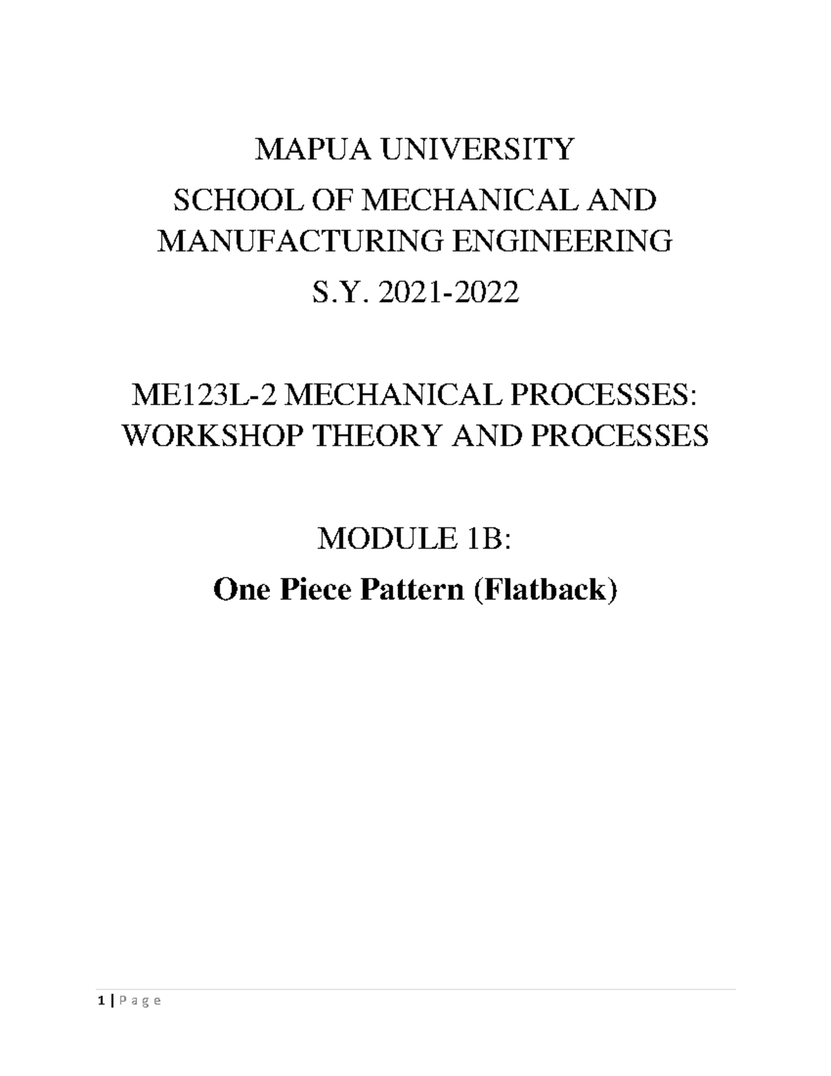 Module 1B ONE Piece Pattern ( Flatback) - MAPUA UNIVERSITY SCHOOL OF ...