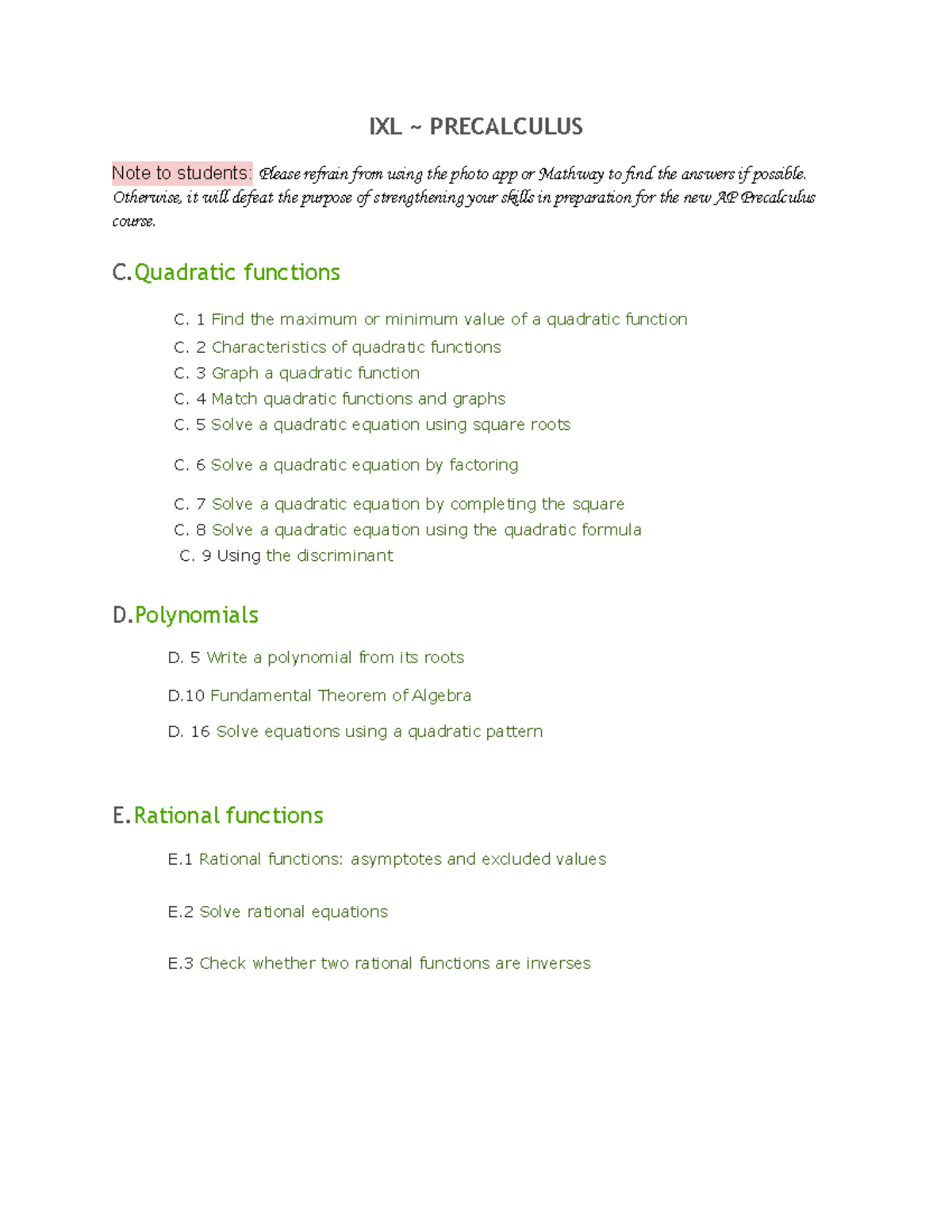 AP Precalculus summer assignments - IXL ~ PRECALCULUS Note to students ...